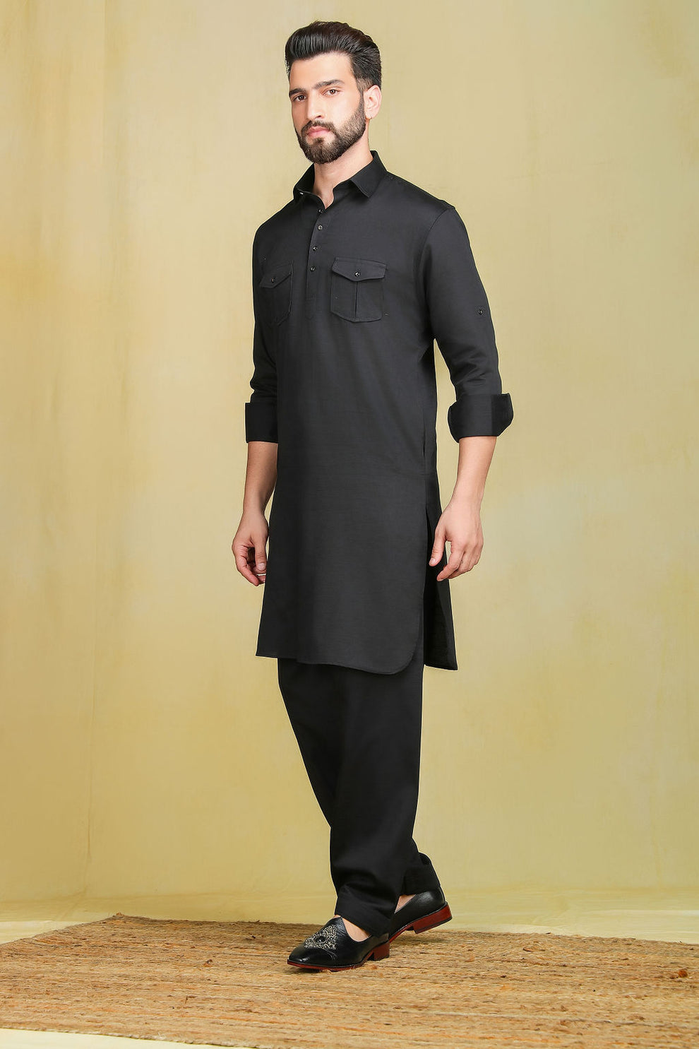 Solid Black Pathani set